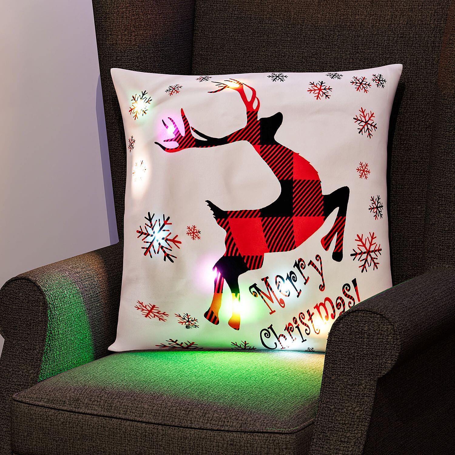 Merry Christmas Reindeer Printed LED Cushion White