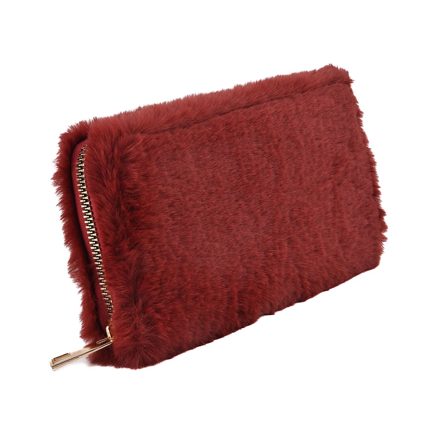 Faux Fur Long Size Wallet with Zipper Closure - Burgundy - 7590320 - TJC