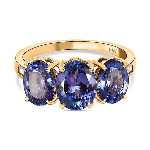 14K Yellow Gold AAA Premium Tanzanite and Diamond Trilogy Ring 4.29 Ct ...