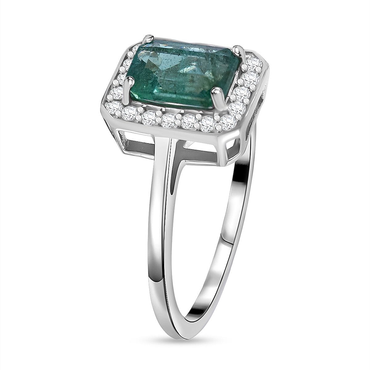 Glenstones Gemfields Emerald & Diamond Halo Ring in Rhodium Overlay ...