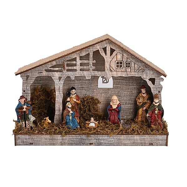 Wooden Nativity Scene with 7 Warm LED (Size-29x21x7cm) - 7595472 - TJC