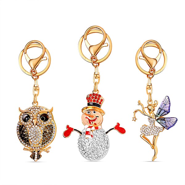 Set of 3 Sparkling Crystal Keychains With Different Designs (Snowman ...