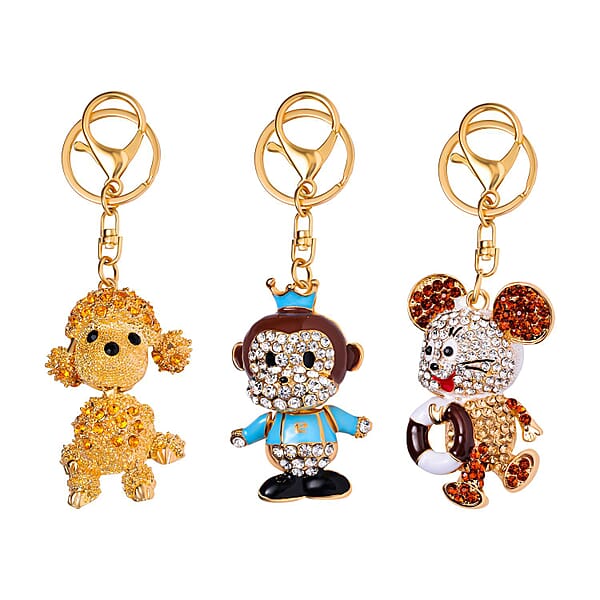 Set of 3 Keychains Decorated with Sparkling Rhinestones - (Monkey, Dog ...