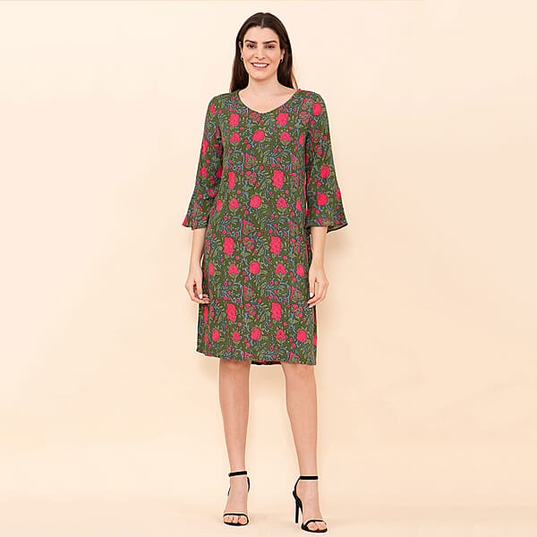 TAMSY Floral Pattern Women's Midi Dress - Green and Pink - 7597520 - TJC