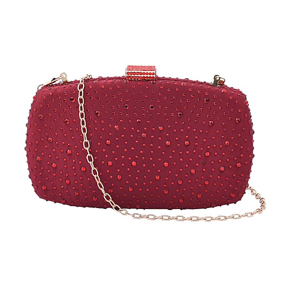 Crystal Decorative Clutch Bag with Long Chain Strap - Red - 7597597 - TJC