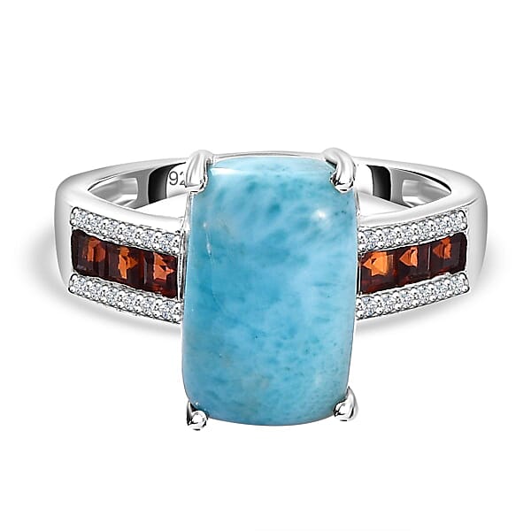 Larimar, Red Garnet and Natural Zircon Ring in Platinum Overlay ...