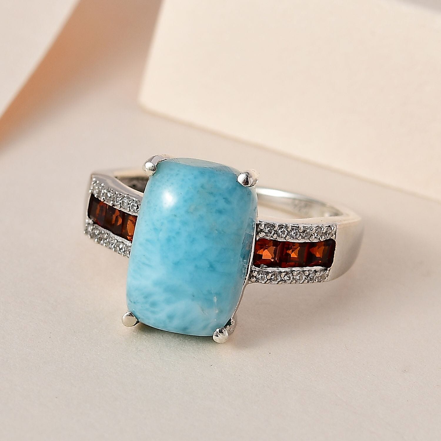 Larimar, Red Garnet and Natural Zircon Ring in Platinum Overlay ...