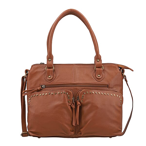 RFID Protected 100% Genuine Leather Shoulder Bag With Handle Drop - Tan ...