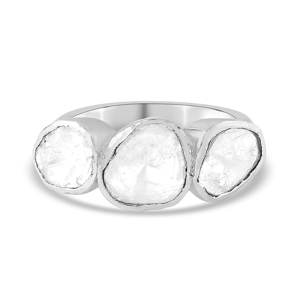 1.25 Ct Polki Diamond Trilogy Ring in Platinum Plated Sterling Silver