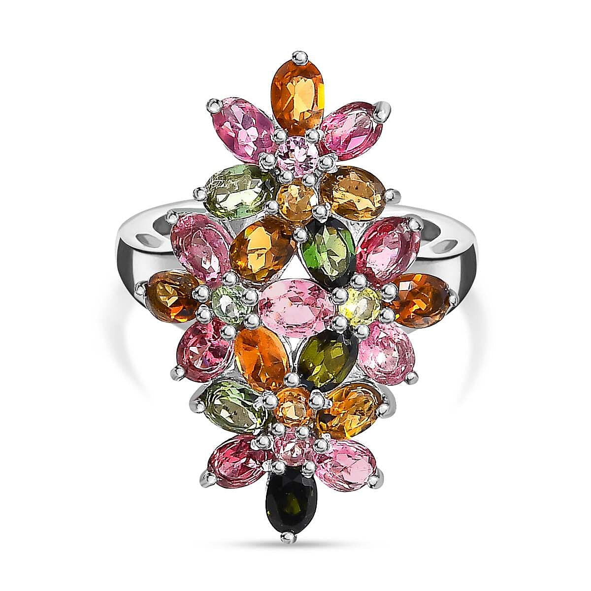 Multi-Tourmaline Cluster Floral Ring in Platinum Overlay Sterling Silver 3.80 Ct. - 7616468 - TJC