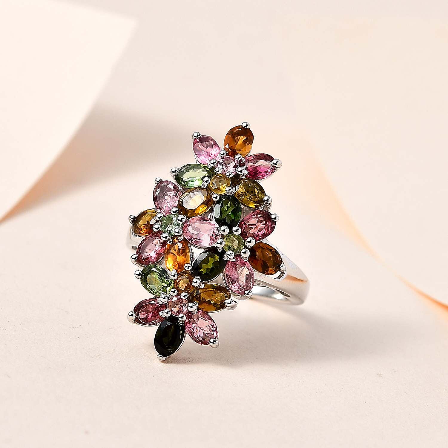 Multi-Tourmaline Cluster Floral Ring in Platinum Overlay Sterling ...