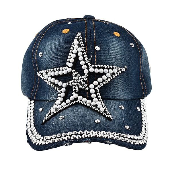 100% Cotton Crystal Studded Big Star Design Denim Cap - 7616718 - TJC