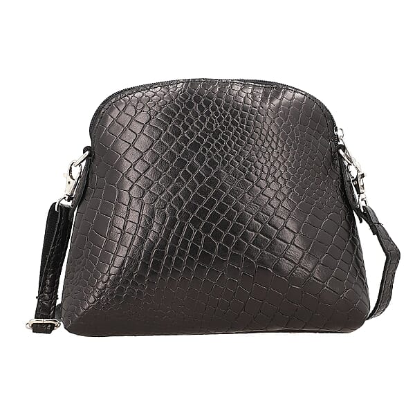 Genuine Leather Croc Embossed Crossbody Bag - Black - 7617850 - TJC