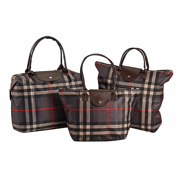 Set of 3 - Checkered Pattern Tote Bag with Handle Drop - White and ...