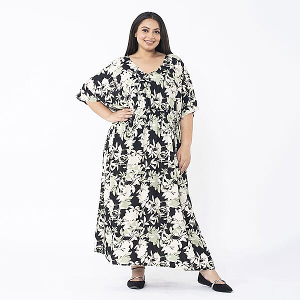 Tamsy Floral Printed Dress (One Size Curve) - Black - 7622038 - TJC