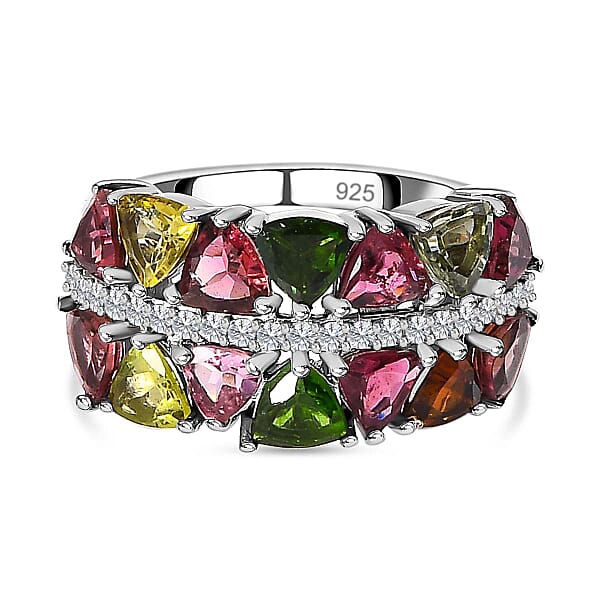 Multi-Tourmaline & Natural Zircon Ring in Platinum Overlay Sterling ...
