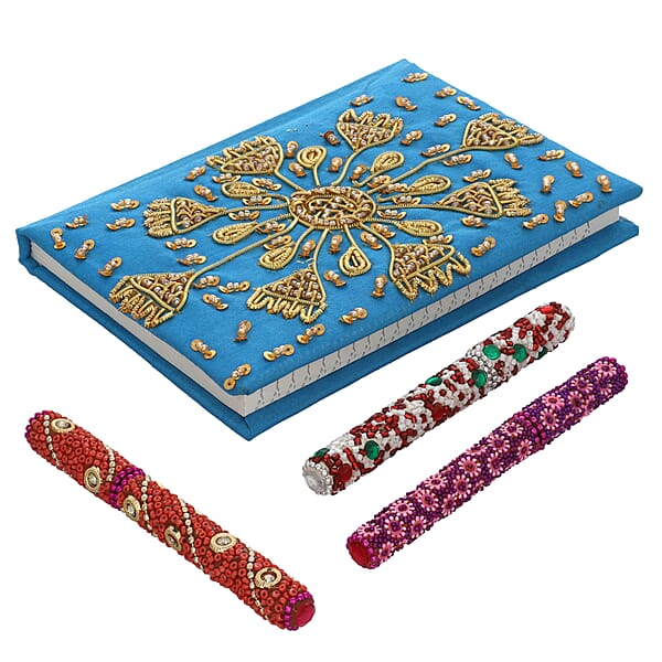 Handcrafted Embroidered Journal and Set of 3 Rhinestone Pens - Sky Blue ...