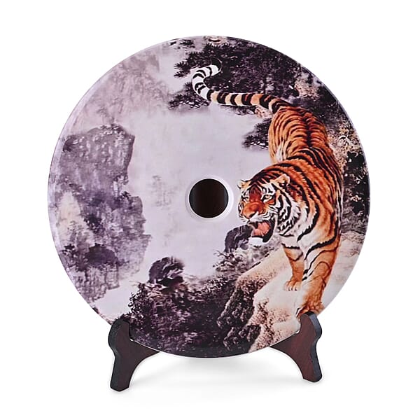 Tiger Painted Serpentine "New Jade" Disk with Wooden Stand - 7625745 - TJC