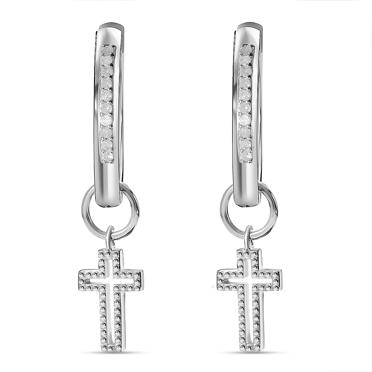 White Diamond Hoop Earring With Cross Charm in Platinum Overlay ...