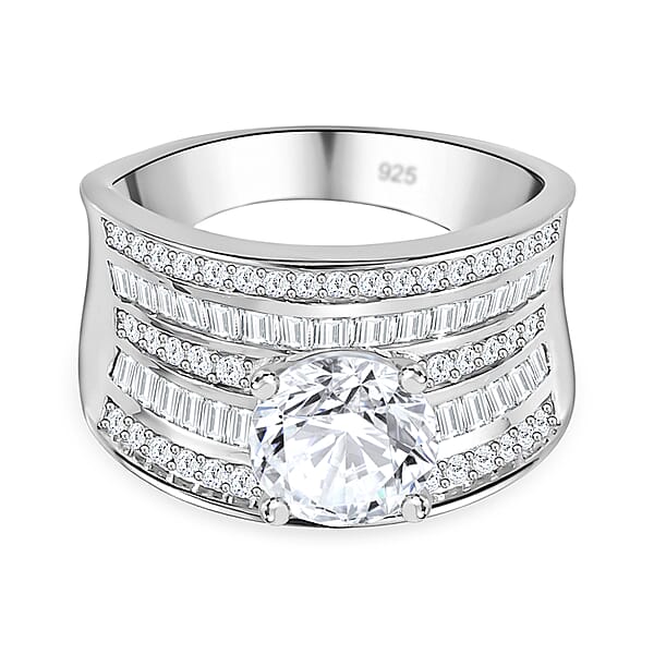 Moissanite Multi Row Scoop Ring in Rhodium Overlay Sterling Silver 3.11 ...