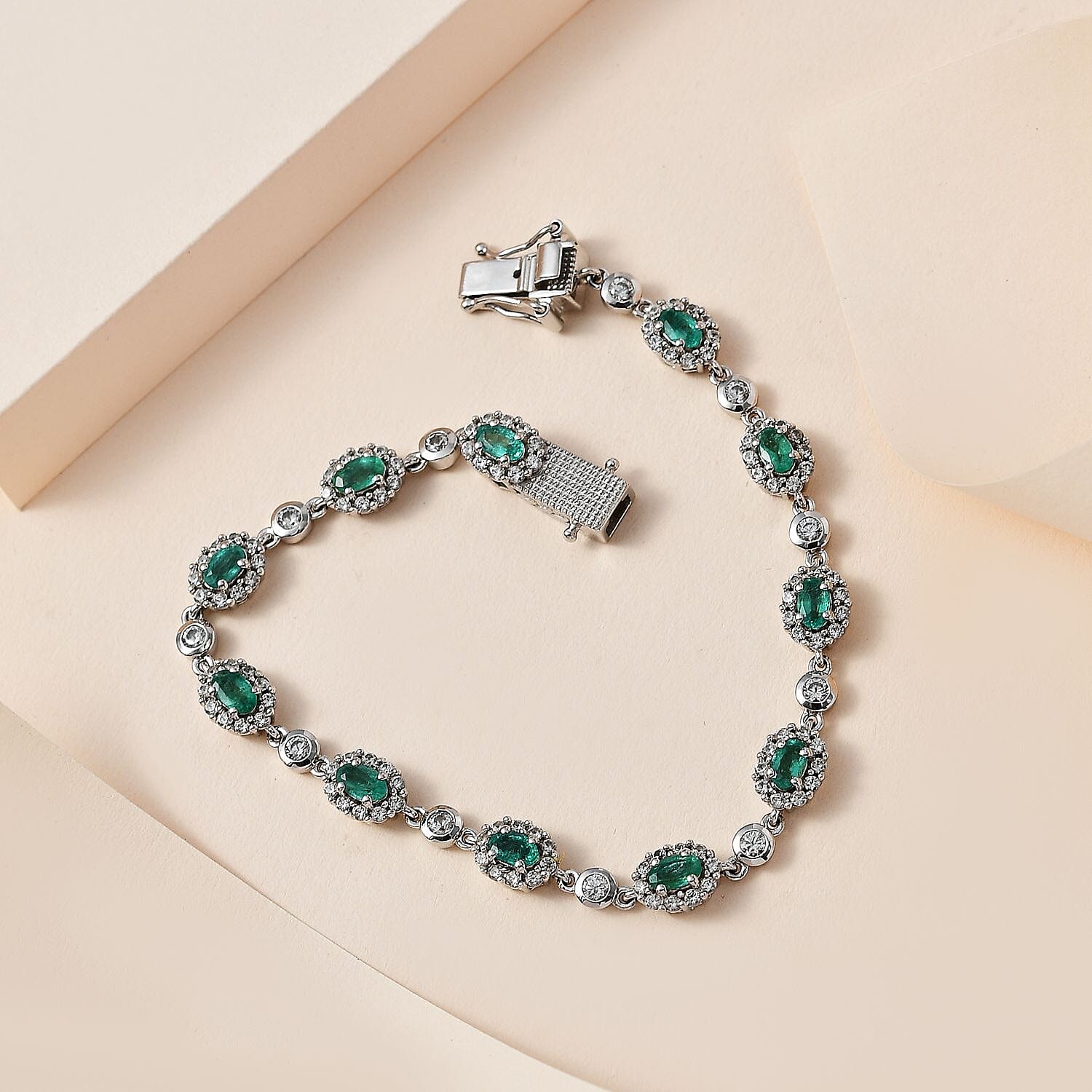 Premium Emerald & Natural Zircon Bracelet (Size - 7.5) in Platinum ...