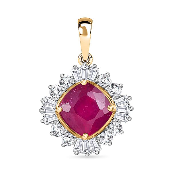 9K Yellow Gold AA Fissure Filled Ruby , Moissanite Main Stone With Side ...