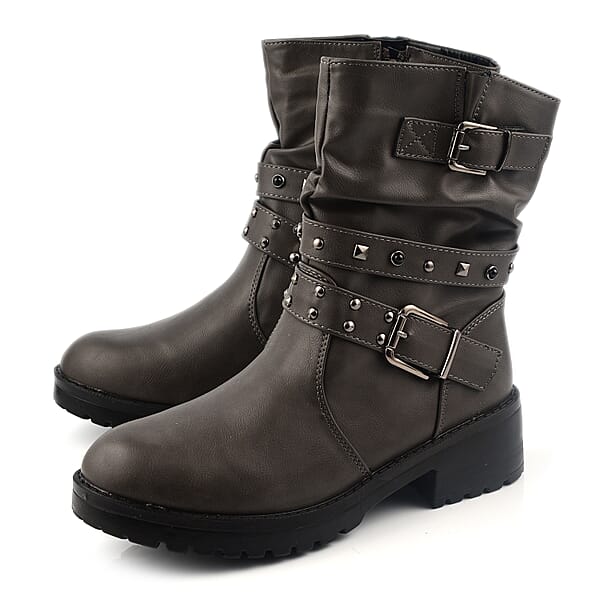 Ladies Leatherette Easy Zip Up Decorative Studded Strap Chunky Ankle ...