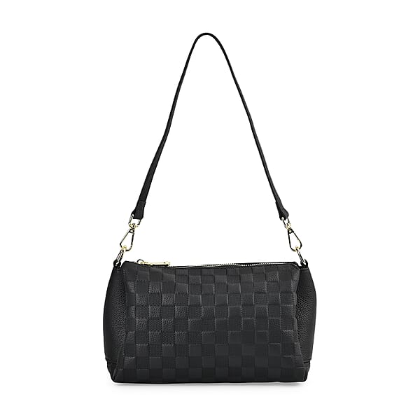 Genuine Leather Checker Crossbody Bag - Black - 1699881560 - TJC