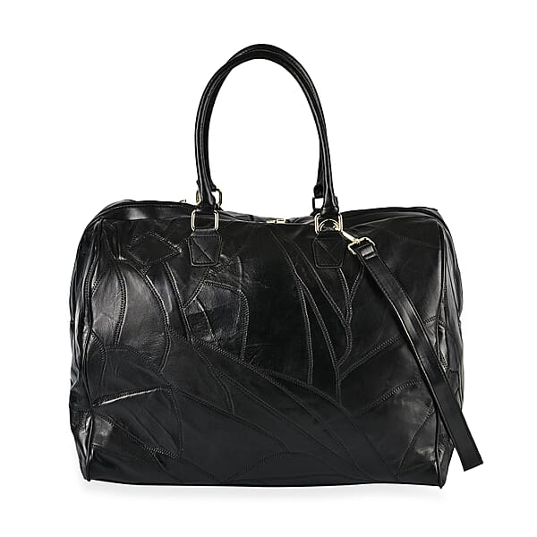 Genuine Leather Travel Bag with Shoulder Strap - Black - 1699881557 - TJC