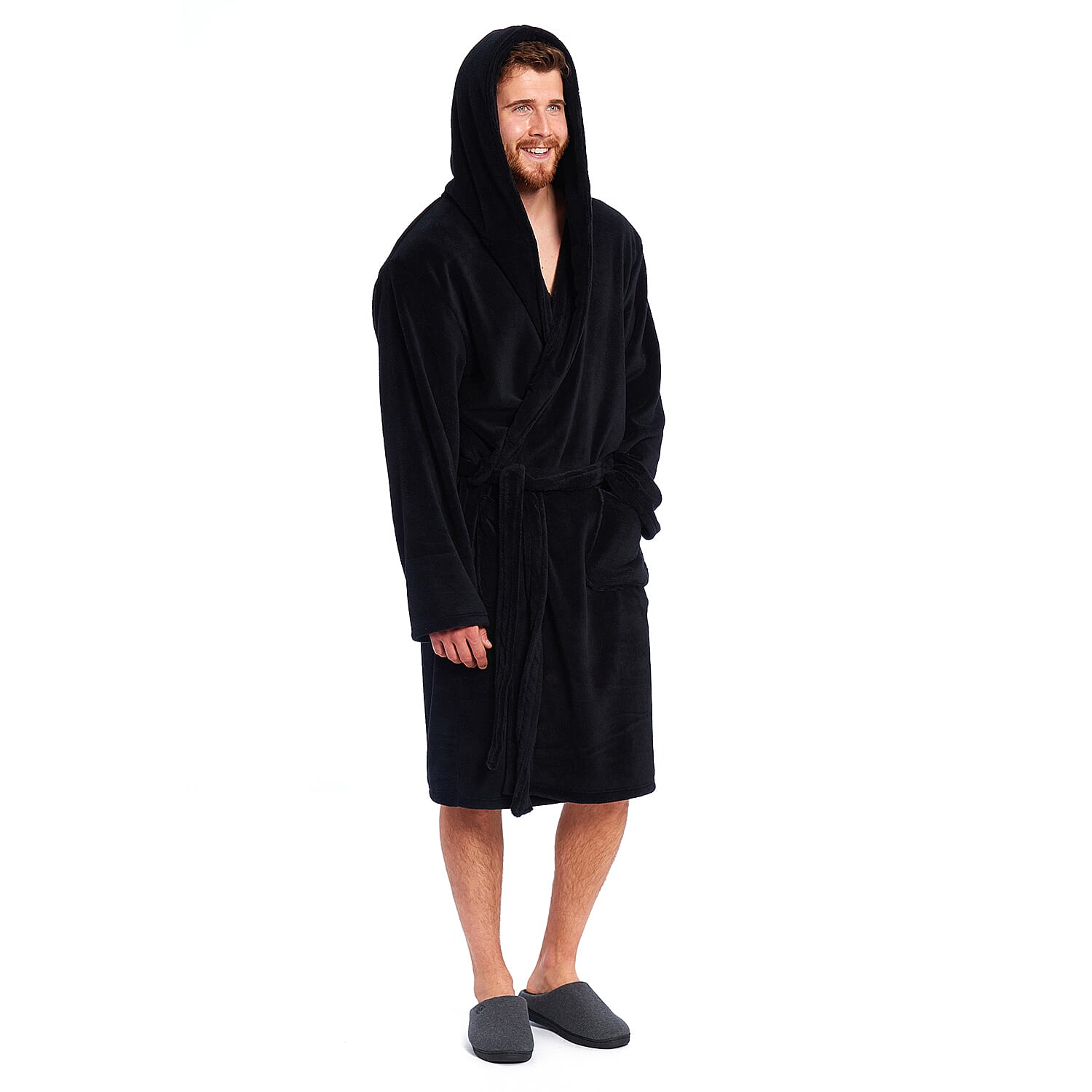 Premium Luxury Toweling Coral Fleece Robe (Size L) - Black - 7677002 - TJC