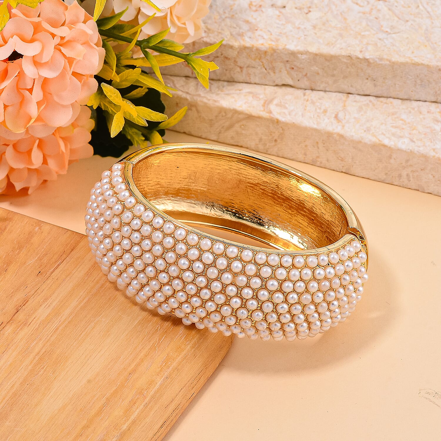 Designer Inspired - Simulated Akoya Pearl Cuff Bangle in Gold Tone ...
