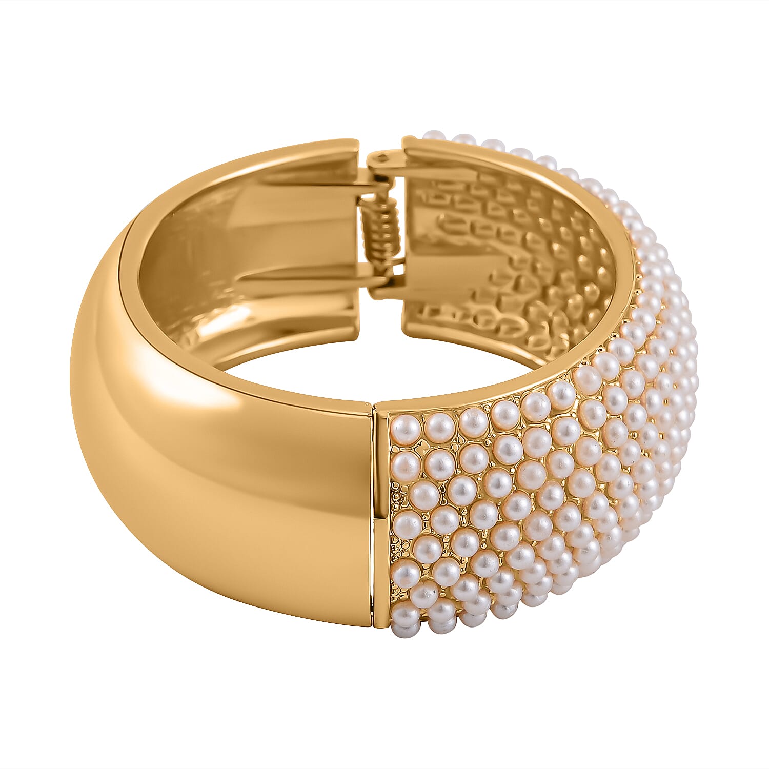 Designer Inspired - Simulated Akoya Pearl Cuff Bangle in Gold Tone ...