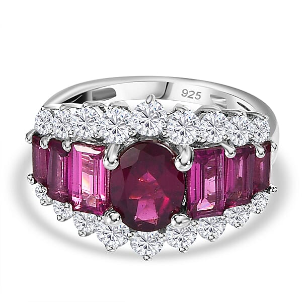 Rhodolite Garnet & Natural Zircon Cluster Ring in Platinum Overlay ...