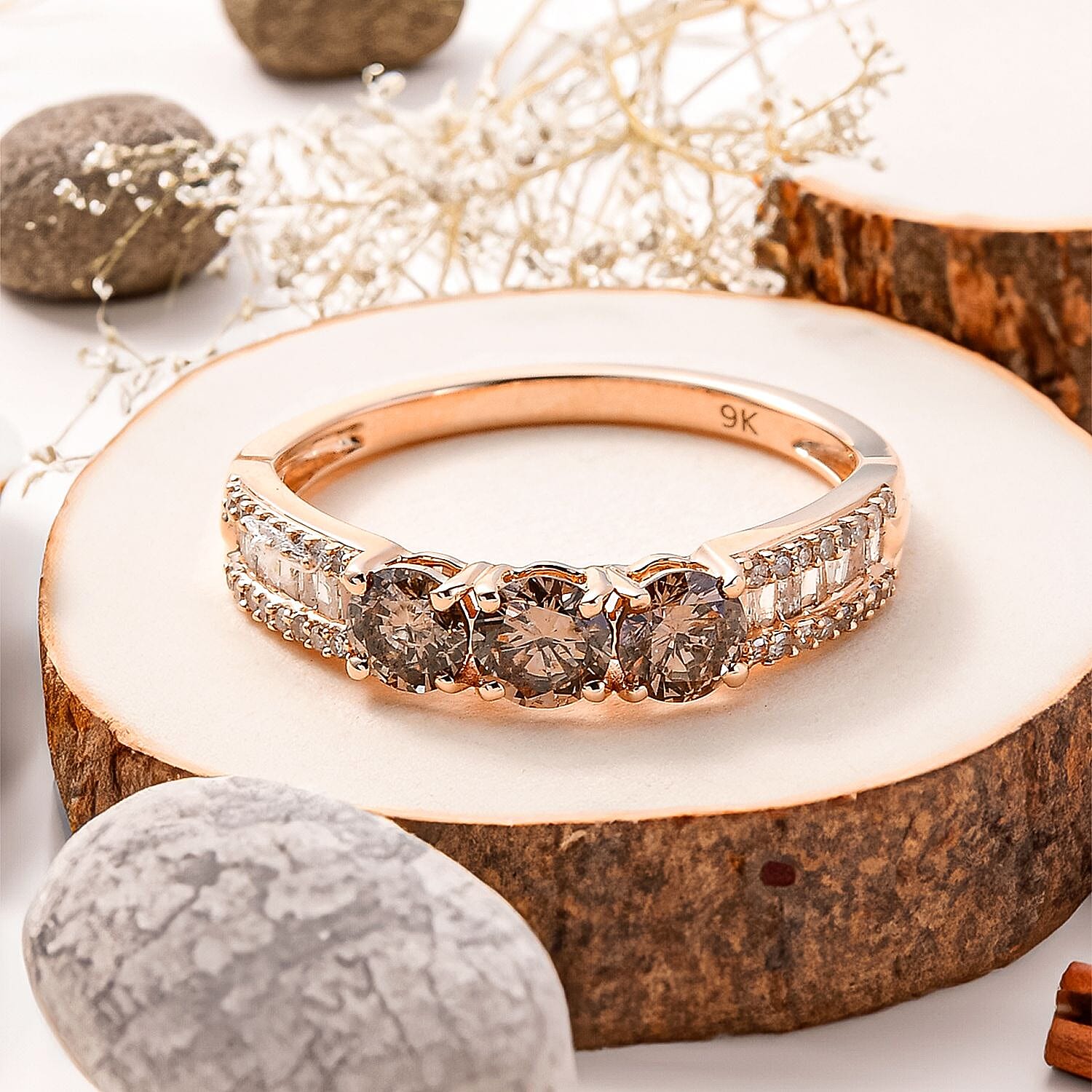 Natural Champagne Diamond and White Diamond Ring in 9K Rose Gold - 7688206 - TJC