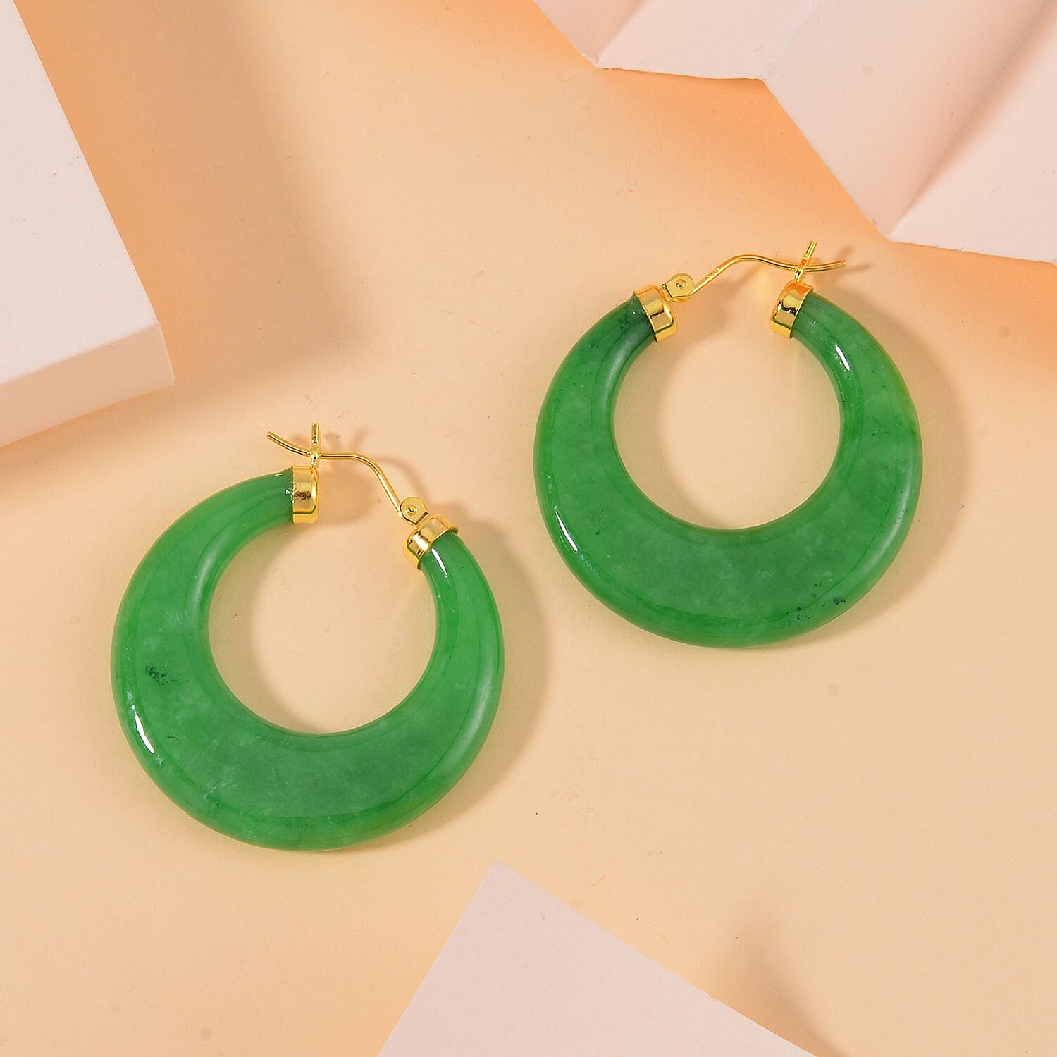 Green Jade Circle Earrings in Yellow Gold Plated Sterling Silver 70.00 ...
