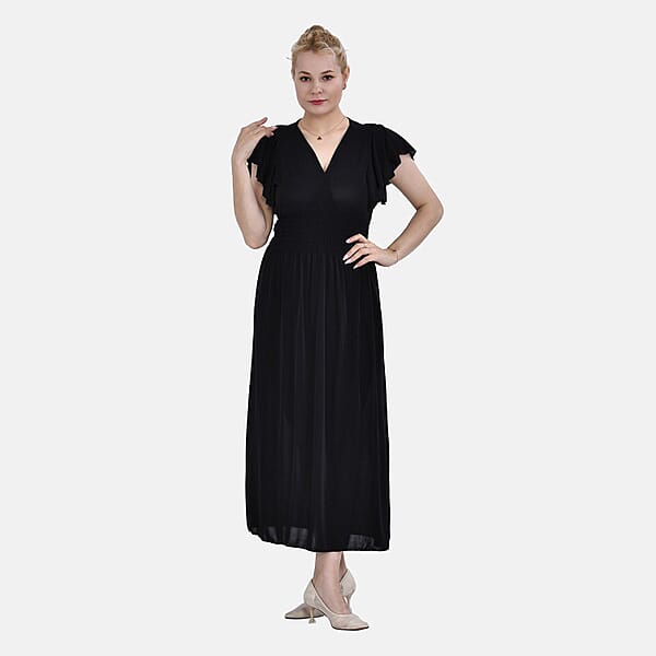 Tamsy Flutter Sleeves Smocked Midi Dress in Solid Black - 7692794 - TJC