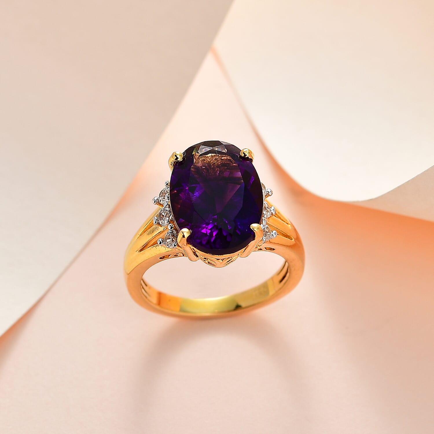 Moroccan Amethyst , White Zircon Ring in 18K Vermeil Yellow Gold Plated ...
