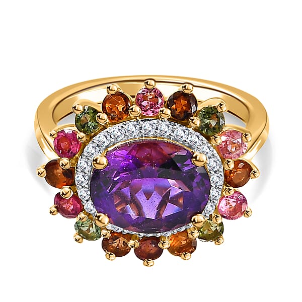 Moroccan Amethyst, White Zircon, Multi-Tourmaline Halo Ring in 18K ...