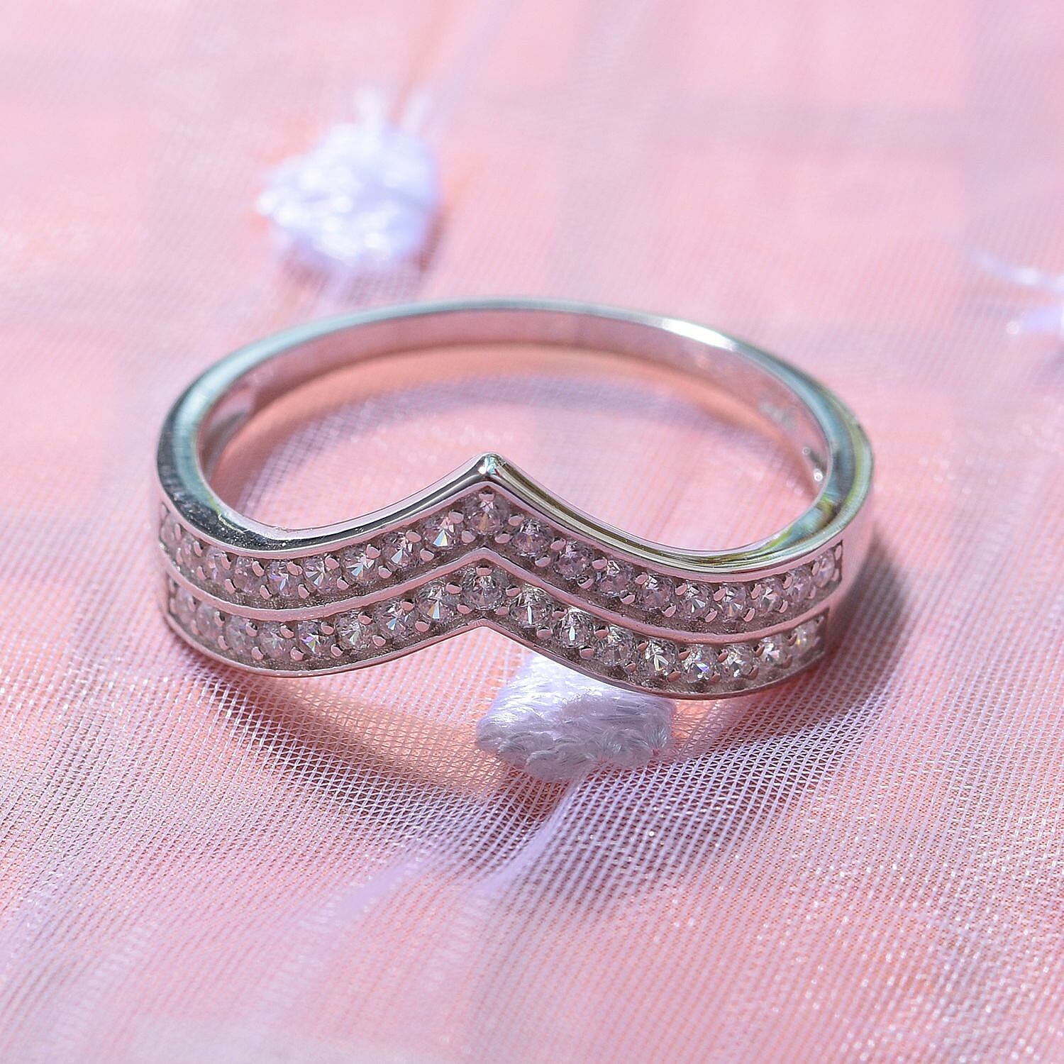 Cubic Zirconia Wishbone Ring in Rhodium Overlay Sterling Silver ...
