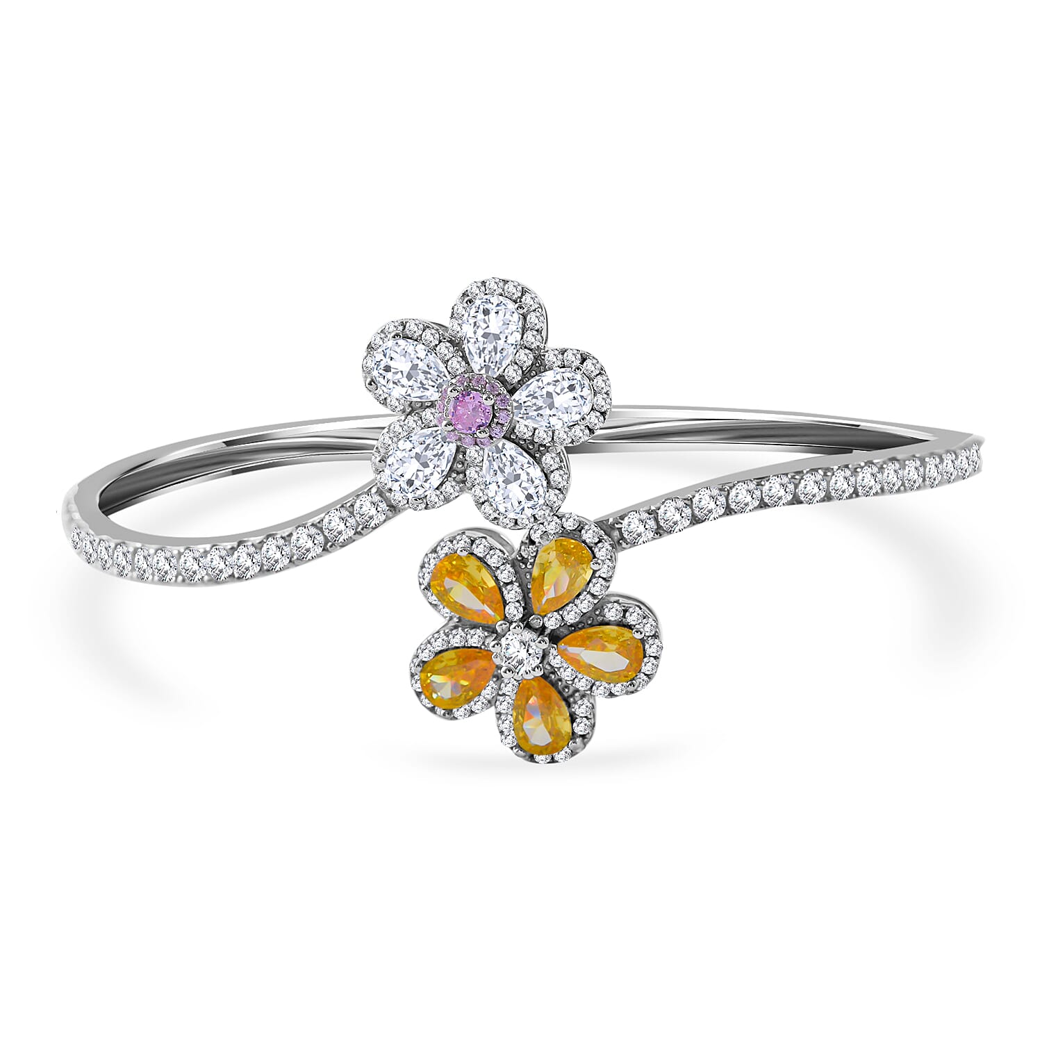 Lustro Stella - Yellow, Pink & White Cubic Zirconia Bypass Floral Bangle (Size 7.5) in Rhodium ...