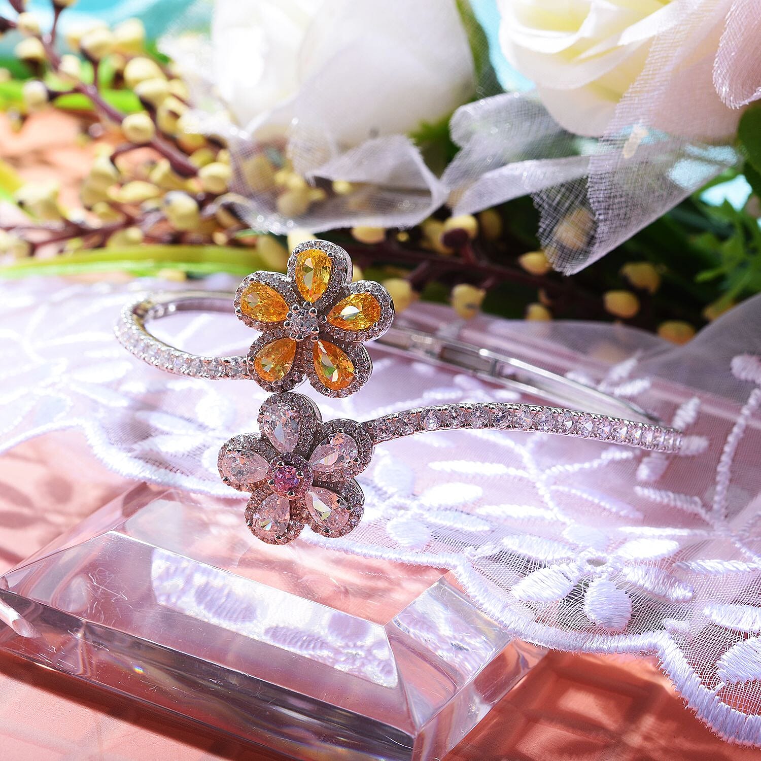 Lustro Stella - Yellow, Pink & White Cubic Zirconia Bypass Floral Bangle (Size 7.5) in Rhodium ...