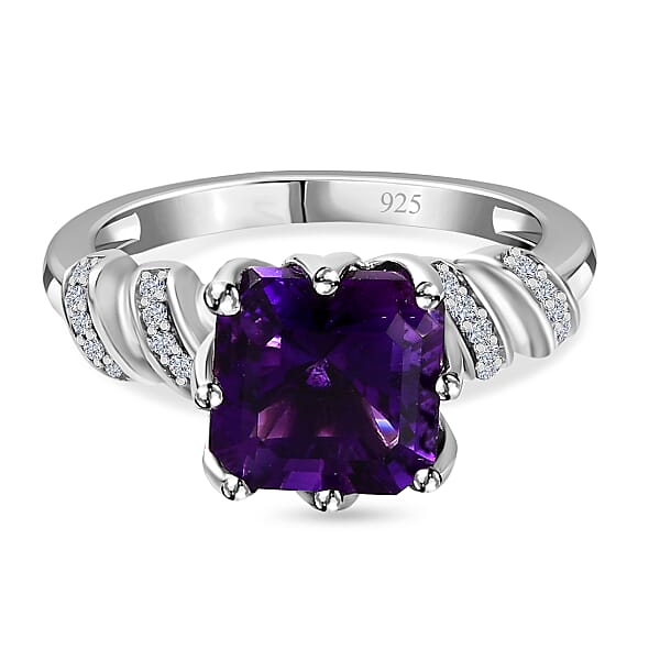 Moroccan Amethyst and Natural Zircon Ring in Platinum Overlay Sterling ...