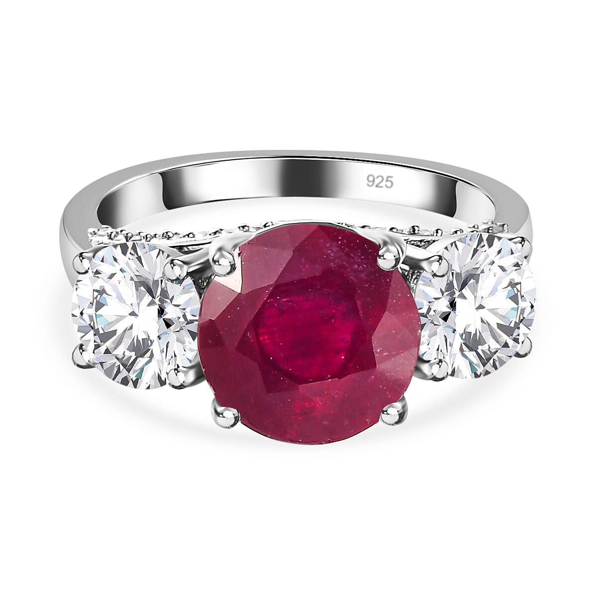 African Ruby & Moissanite Ring in Platinum Overlay Sterling Silver 6.00 ...