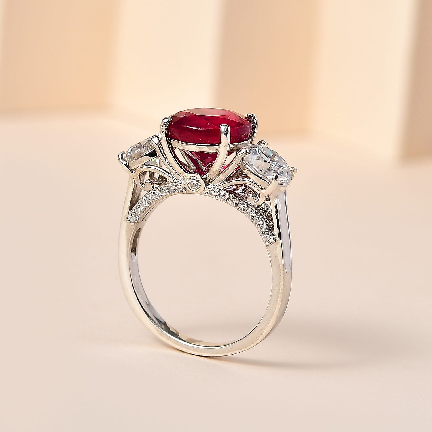 African Ruby & Moissanite Ring in Platinum Overlay Sterling Silver 6.00 ...