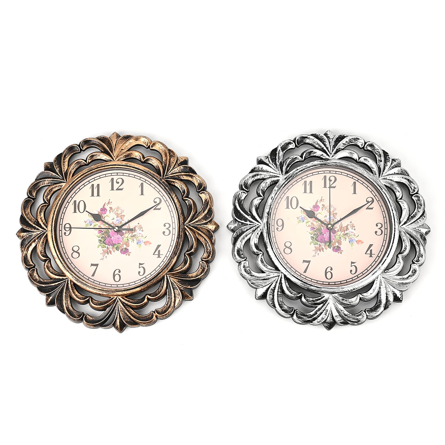 Set of 2 Round Vintage Design Analog Wall Clock - Bronze & Silver ...