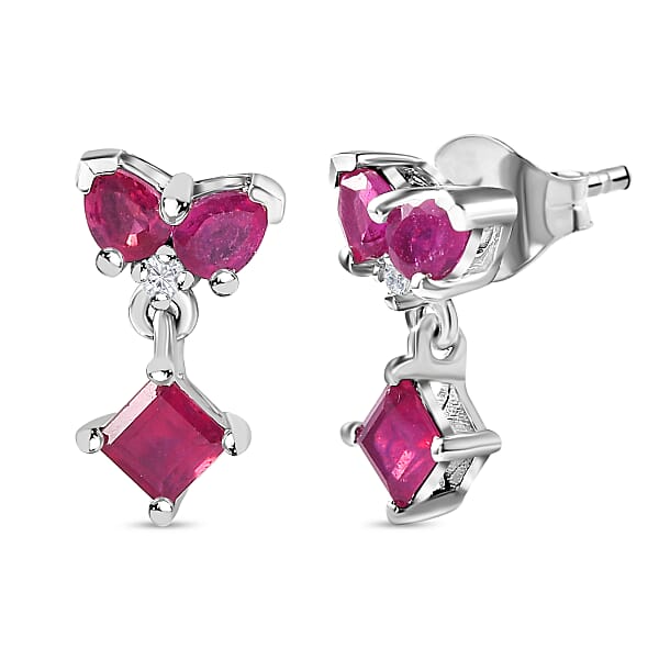African Ruby & Natural Zircon Dangle Earrings in Platinum Overlay ...