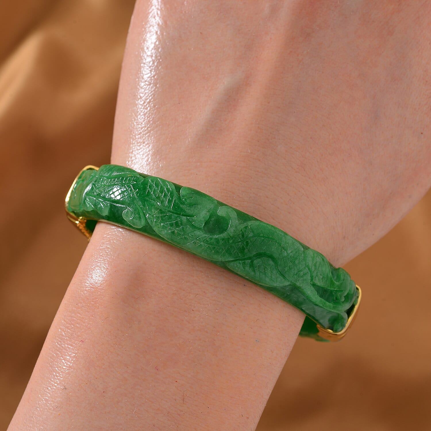 Hand Carved Green Jade Dragon Bangle in 18K Yellow Gold Vermeil Plated ...
