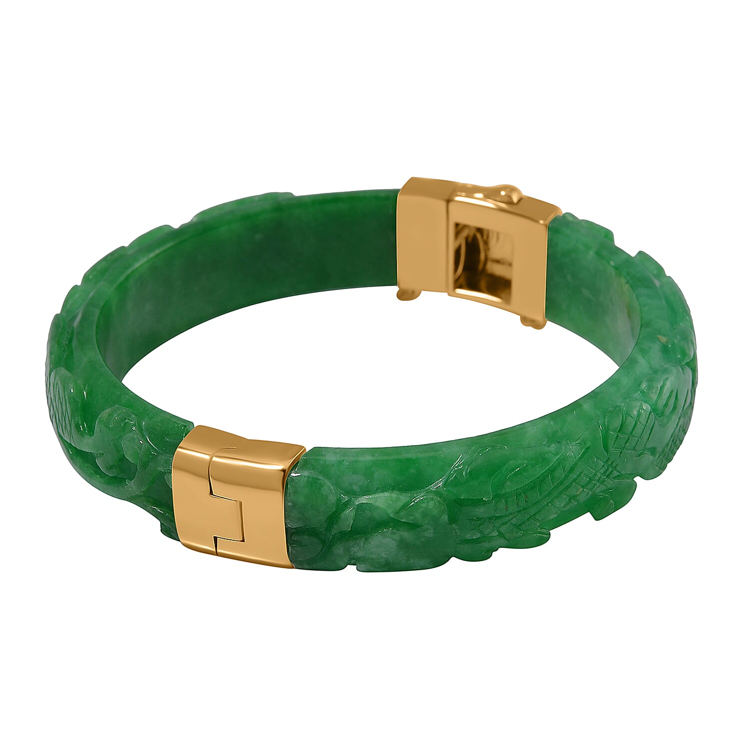 Hand Carved Green Jade Dragon Bangle in 18K Yellow Gold Vermeil Plated ...
