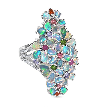 Ethiopian Welo Opal and Muti Gemstone Cluster Ring in Platinum Overlay ...