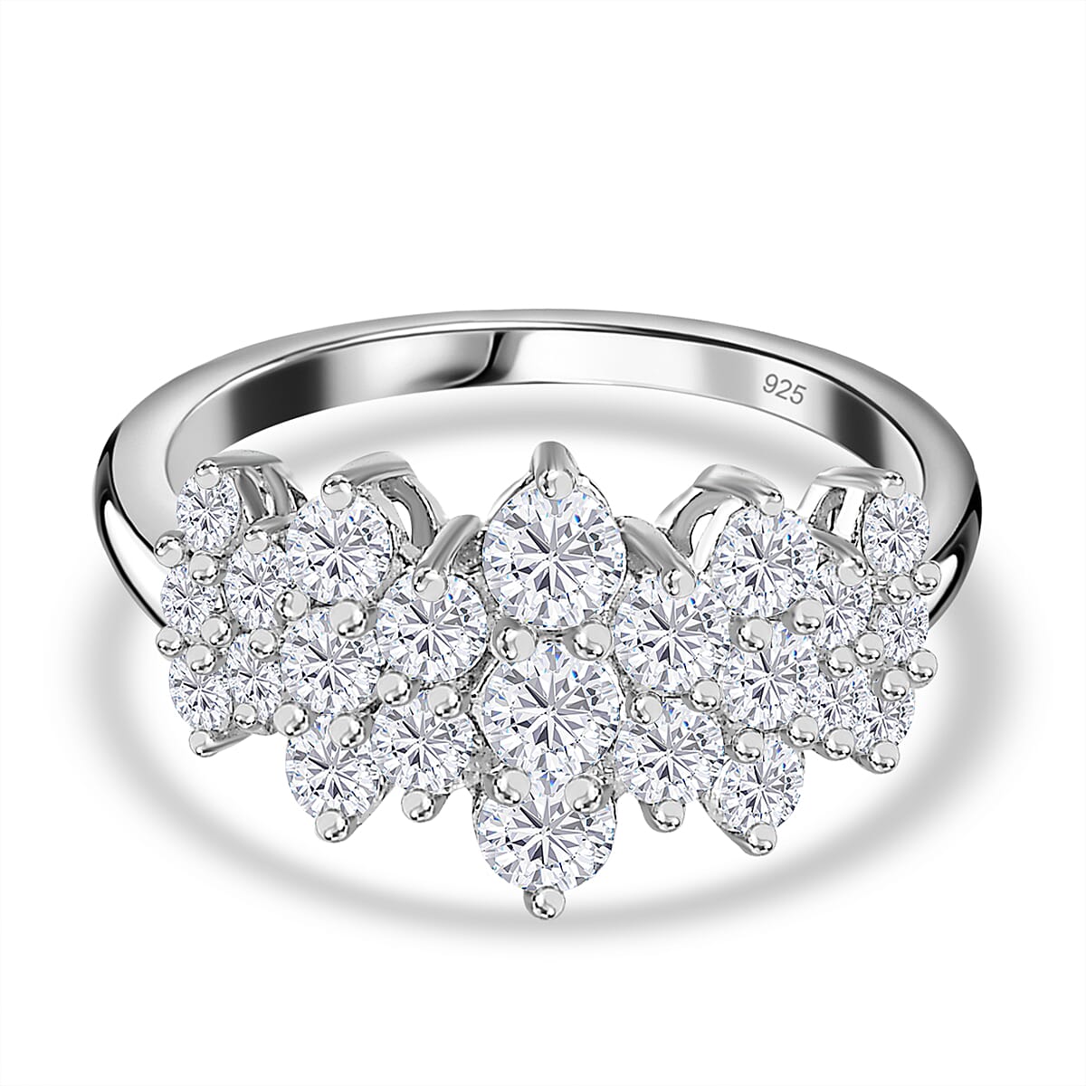 Moissanite Boat Cluster Ring in Platinum Overlay Sterling Silver 1.25 ...